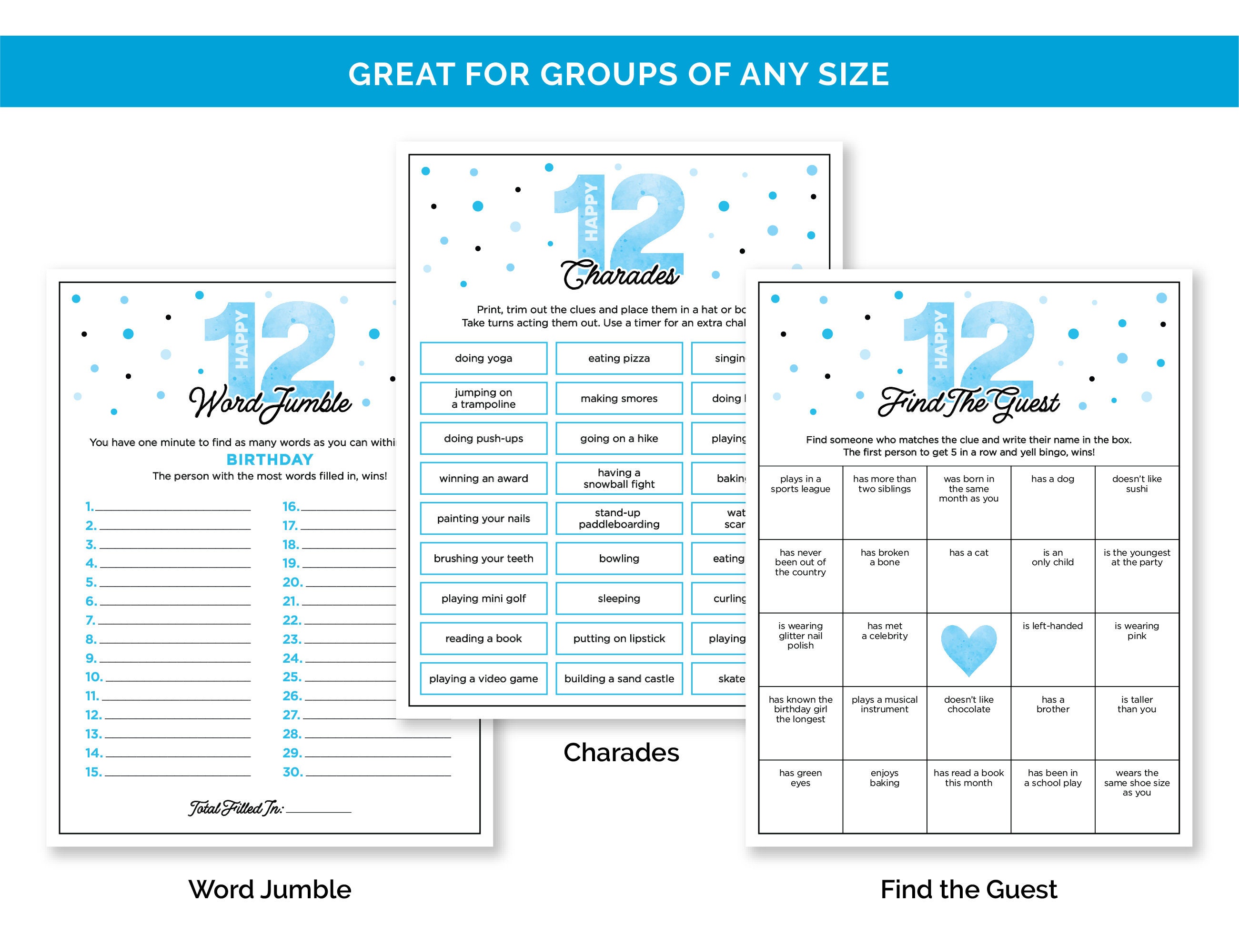Blue 12th Birthday Party Games, Printable Birthday Games Bundle With ...