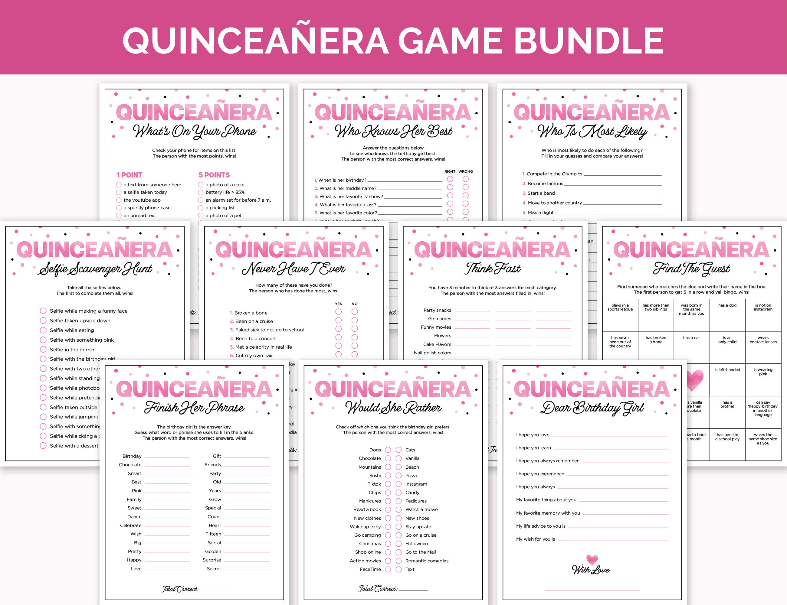 Quinceañera Games for Girls, Printable 15th Birthday Game Bundle, Pink ...