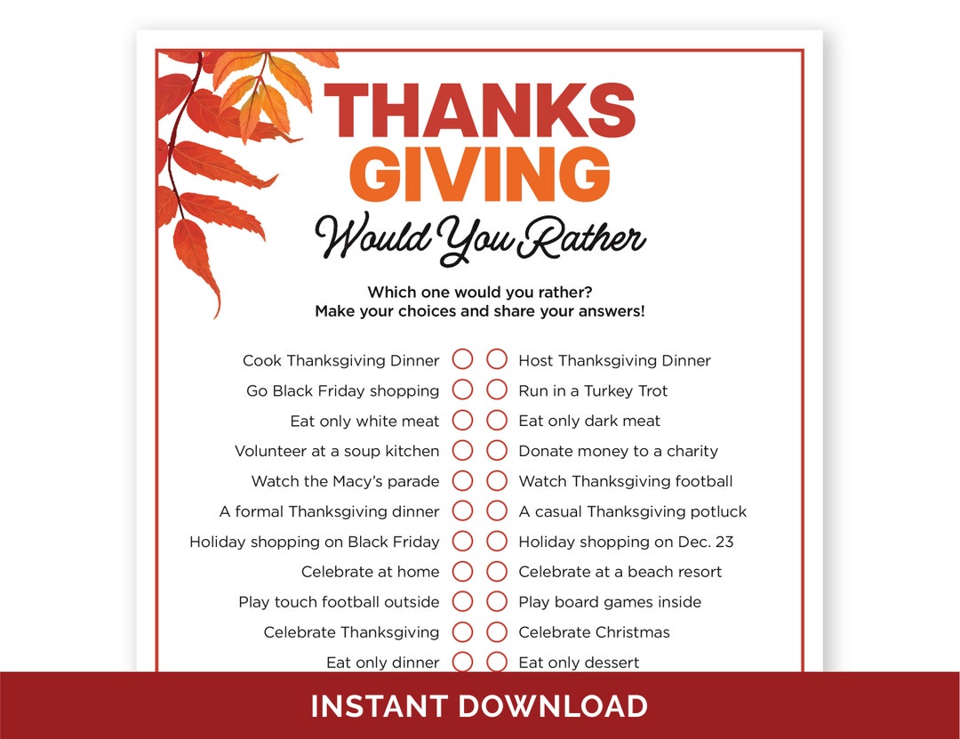 Thanksgiving Would You Rather, Printable Thanksgiving Dinner ...