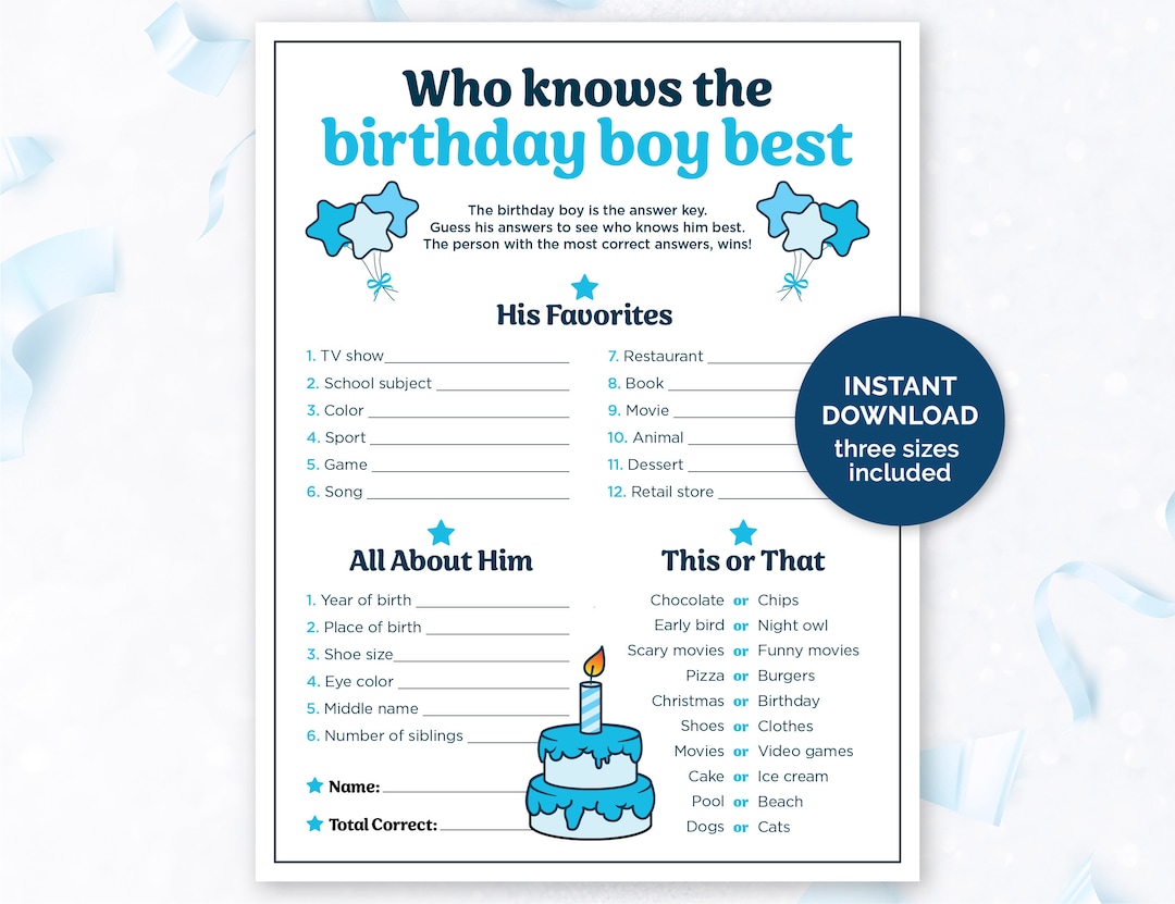 Who Knows the Birthday Boy Best, Printable Birthday Boy Trivia Game ...