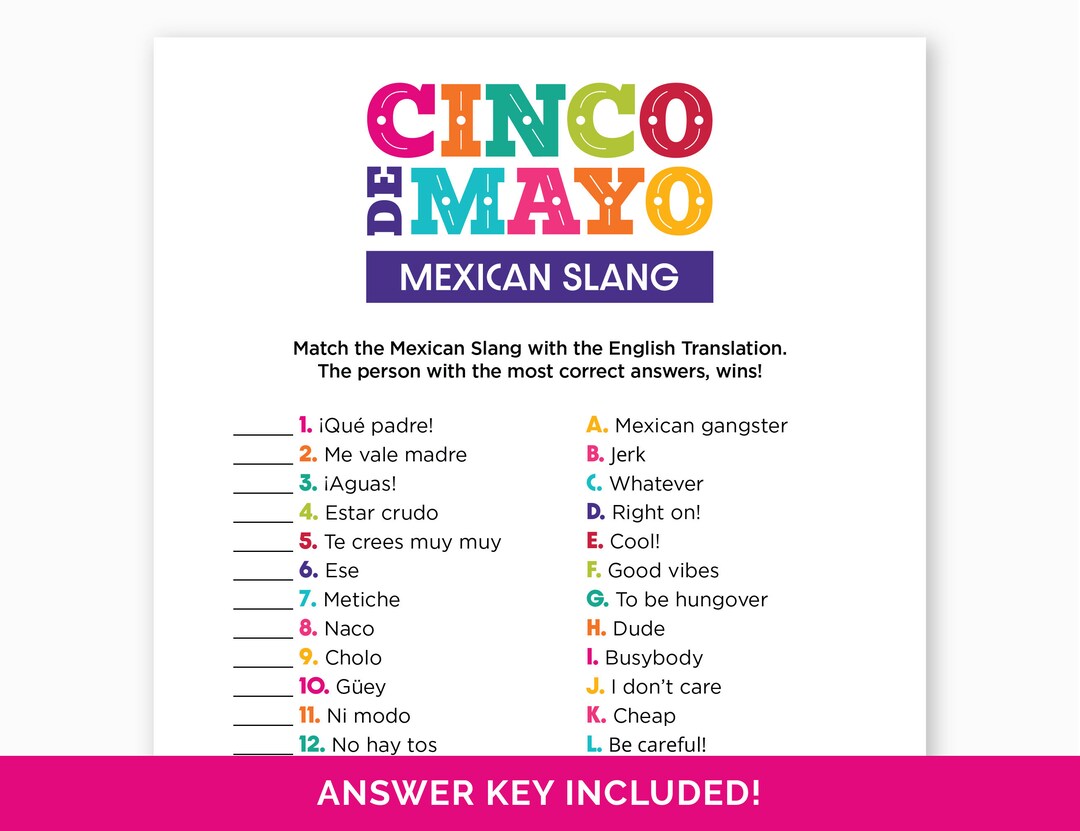 Cinco De Mayo Mexican Slang Game, Printable Trivia Game With Answers ...