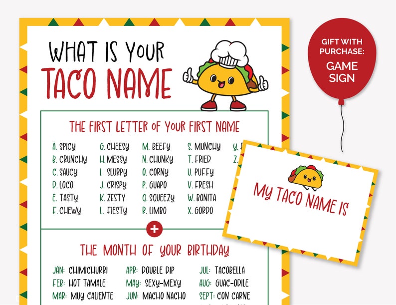 What is Your Taco Name Game A Printable Game for Cinco De - Etsy