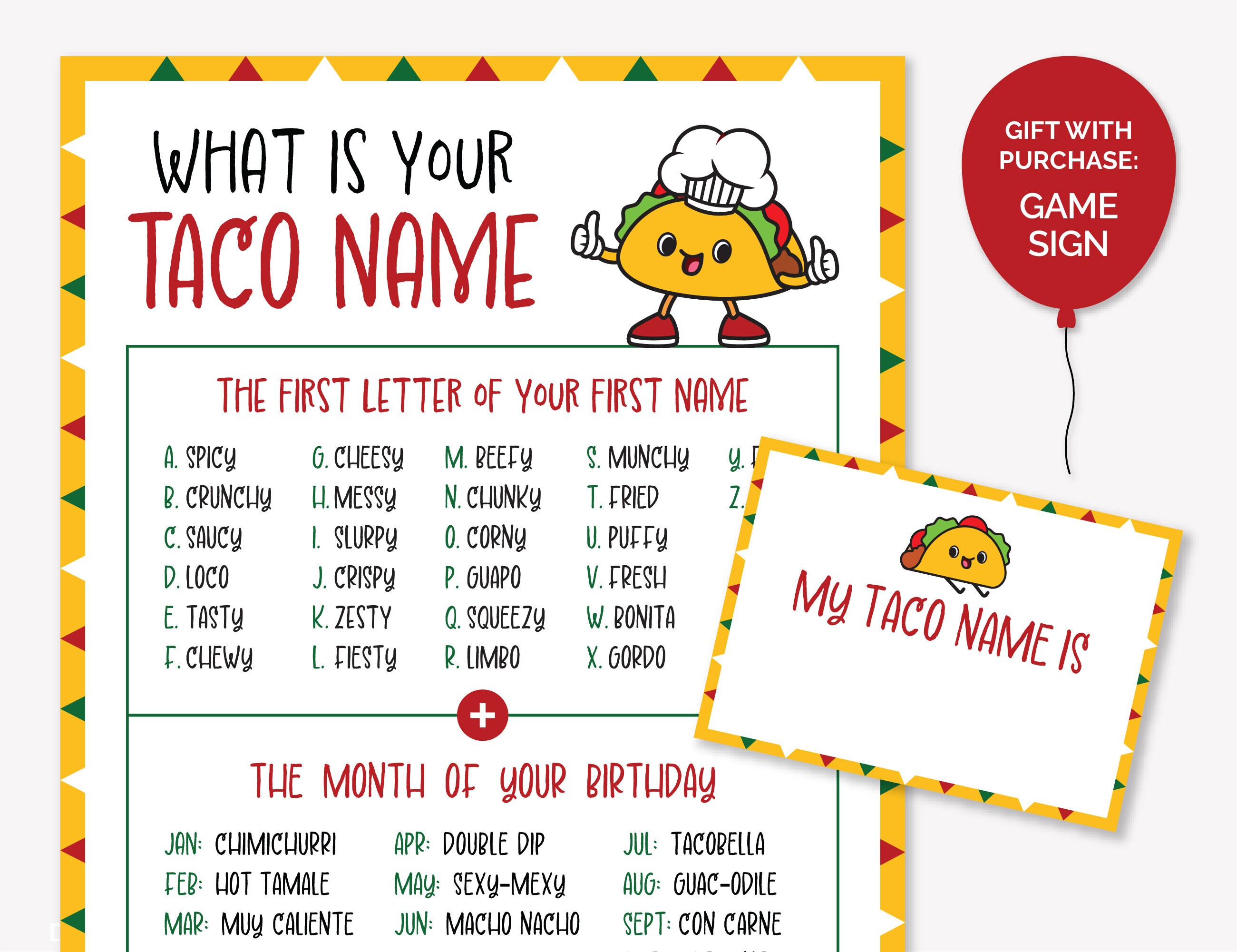 What is Your Taco Name Game, A Printable Game for Cinco De Mayo, a ...
