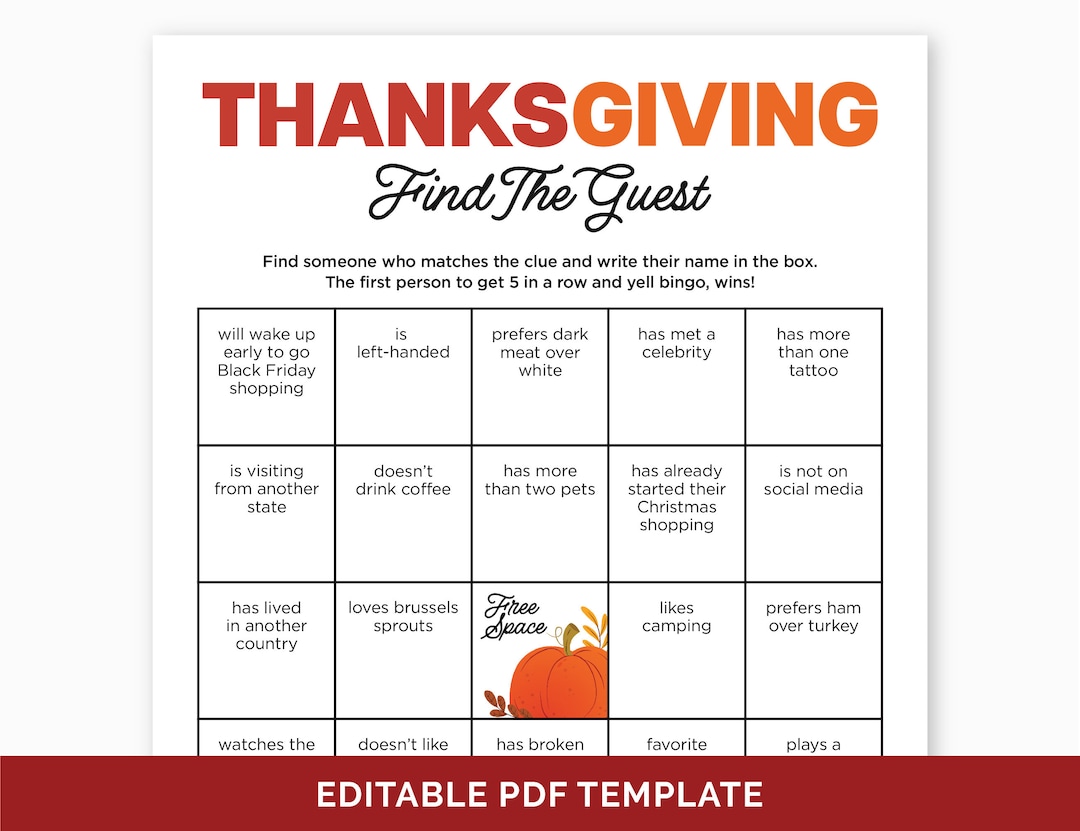 Editable Thanksgiving Find the Guest Bingo Game, Thanksgiving Party Mix ...