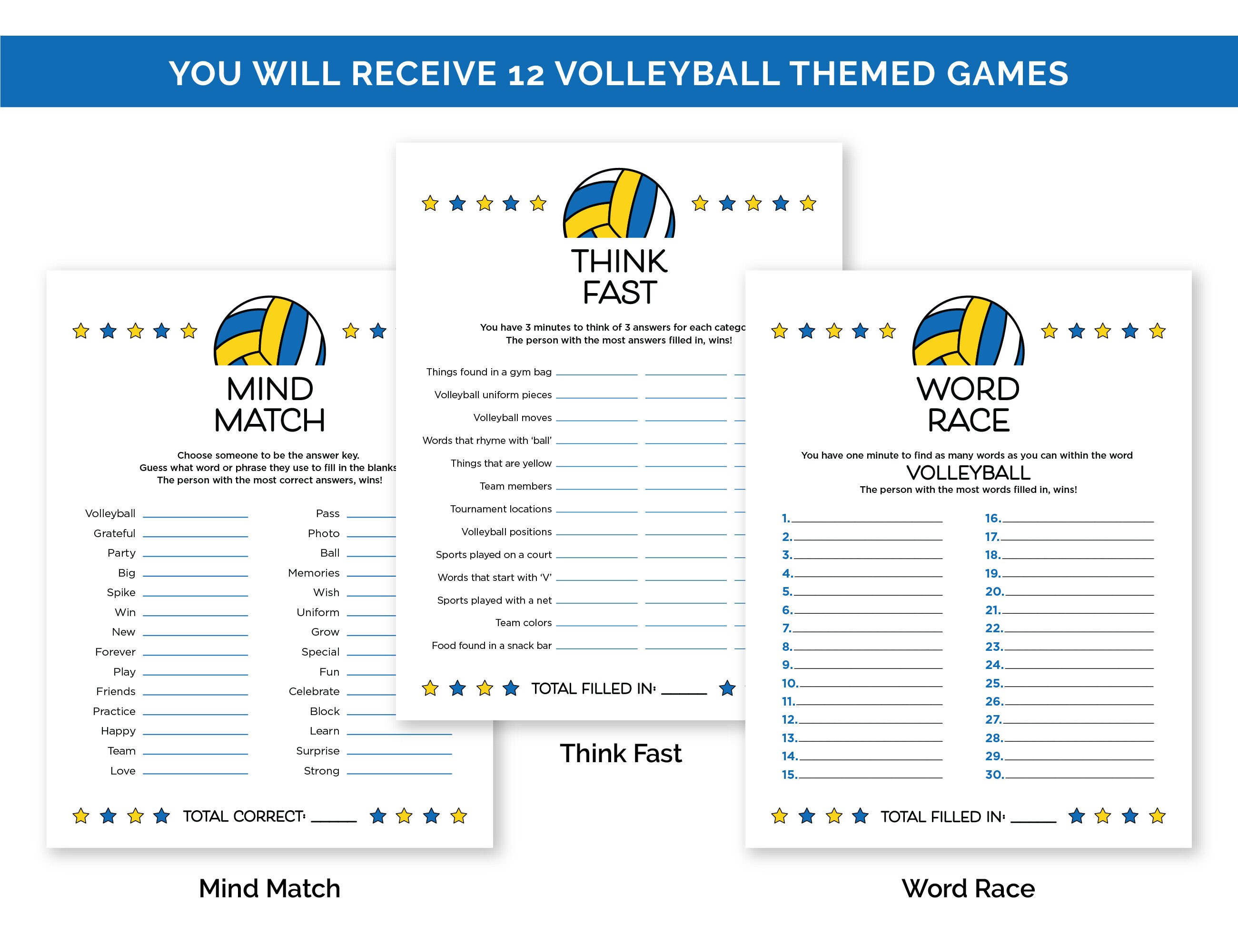 Volleyball Games, Printable Games Bundle for a Volleyball Team Party ...