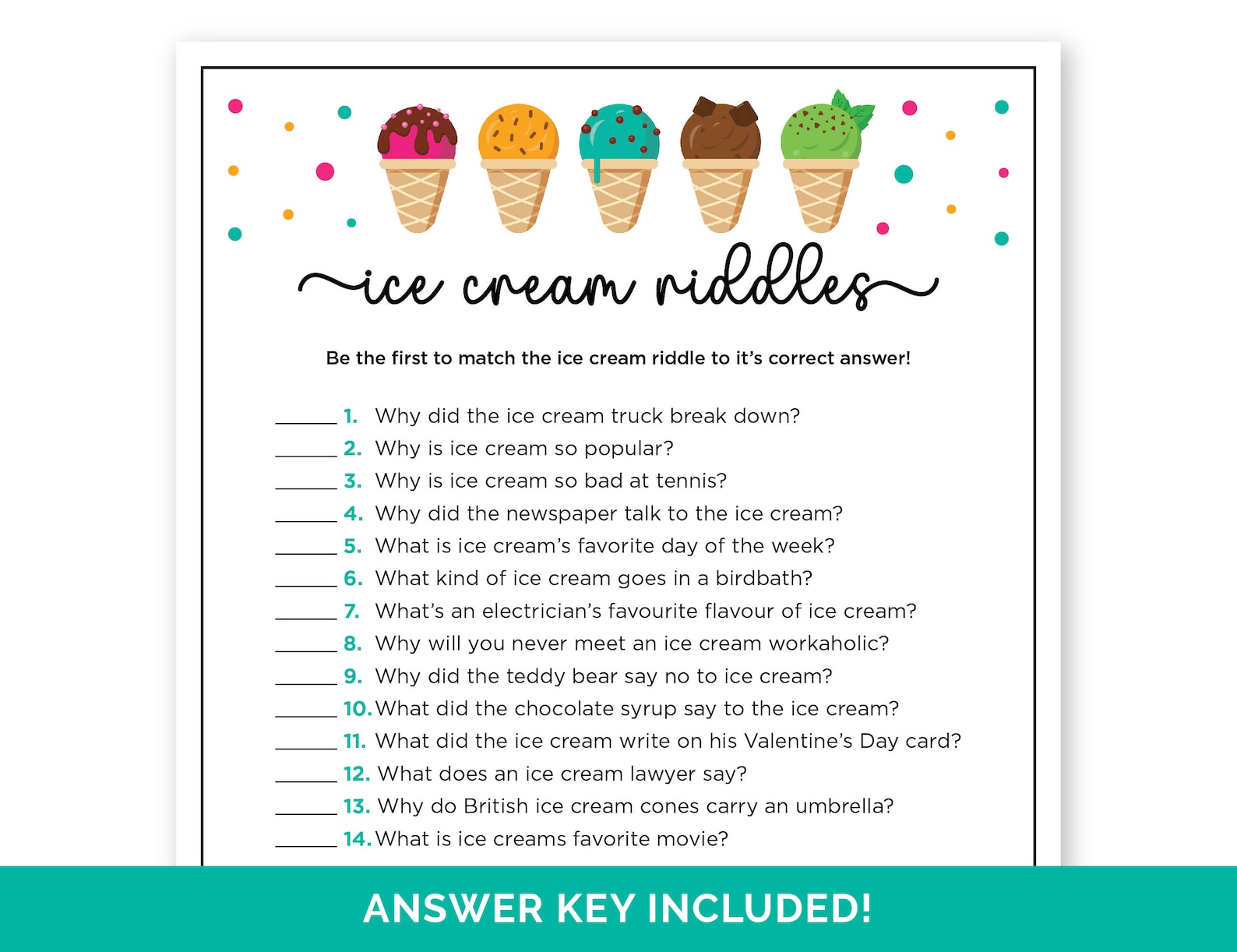 Ice Cream Riddles, Printable Riddle Me This Game for an Ice Cream ...