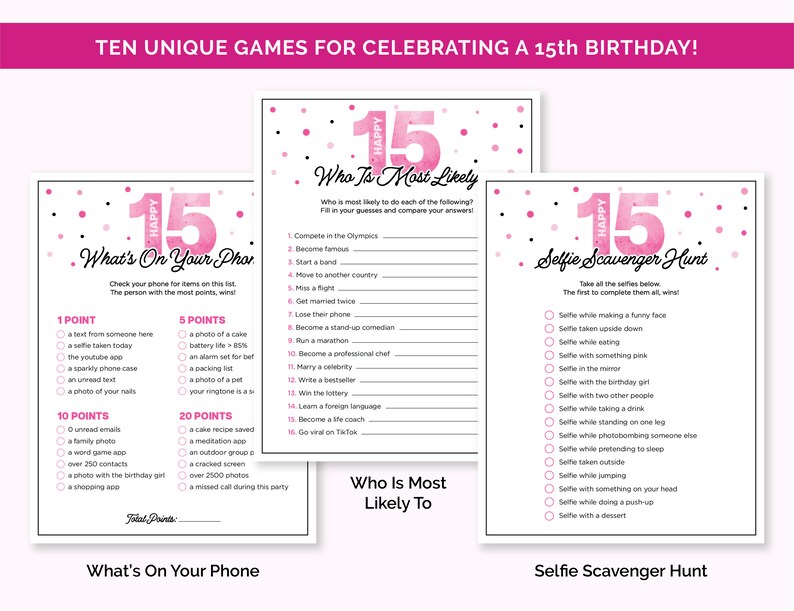 15th Birthday Party Games, Printable Game Bundle for a 15-year-old Girl ...