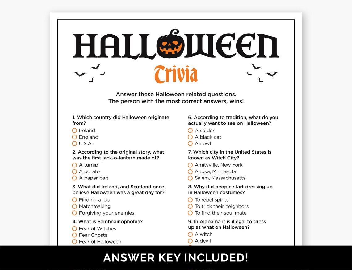 Halloween Trivia Game, Printable Quiz With Answers for a Family, Office ...