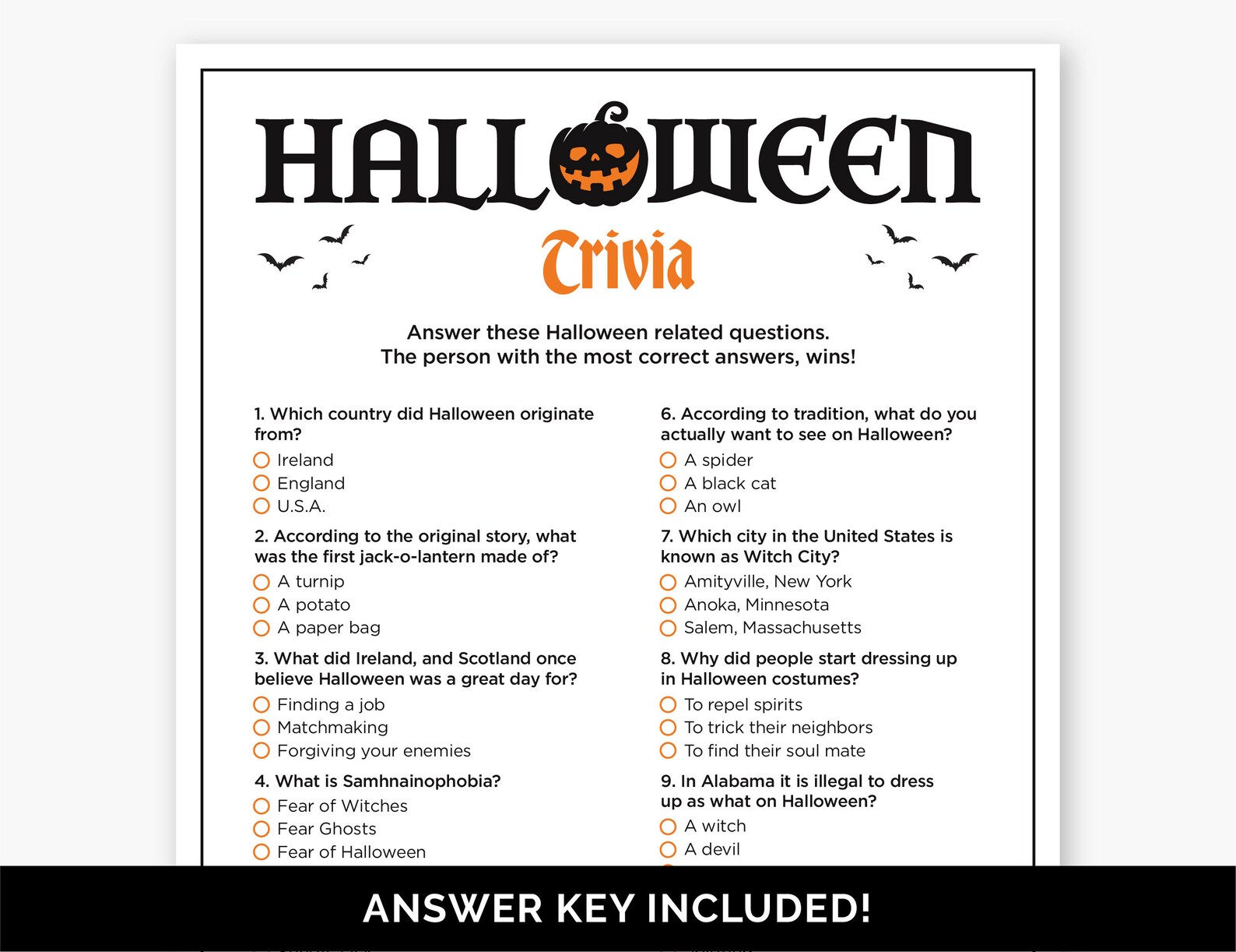 Halloween Trivia Game, Printable Quiz With Answers for a Family, Office ...