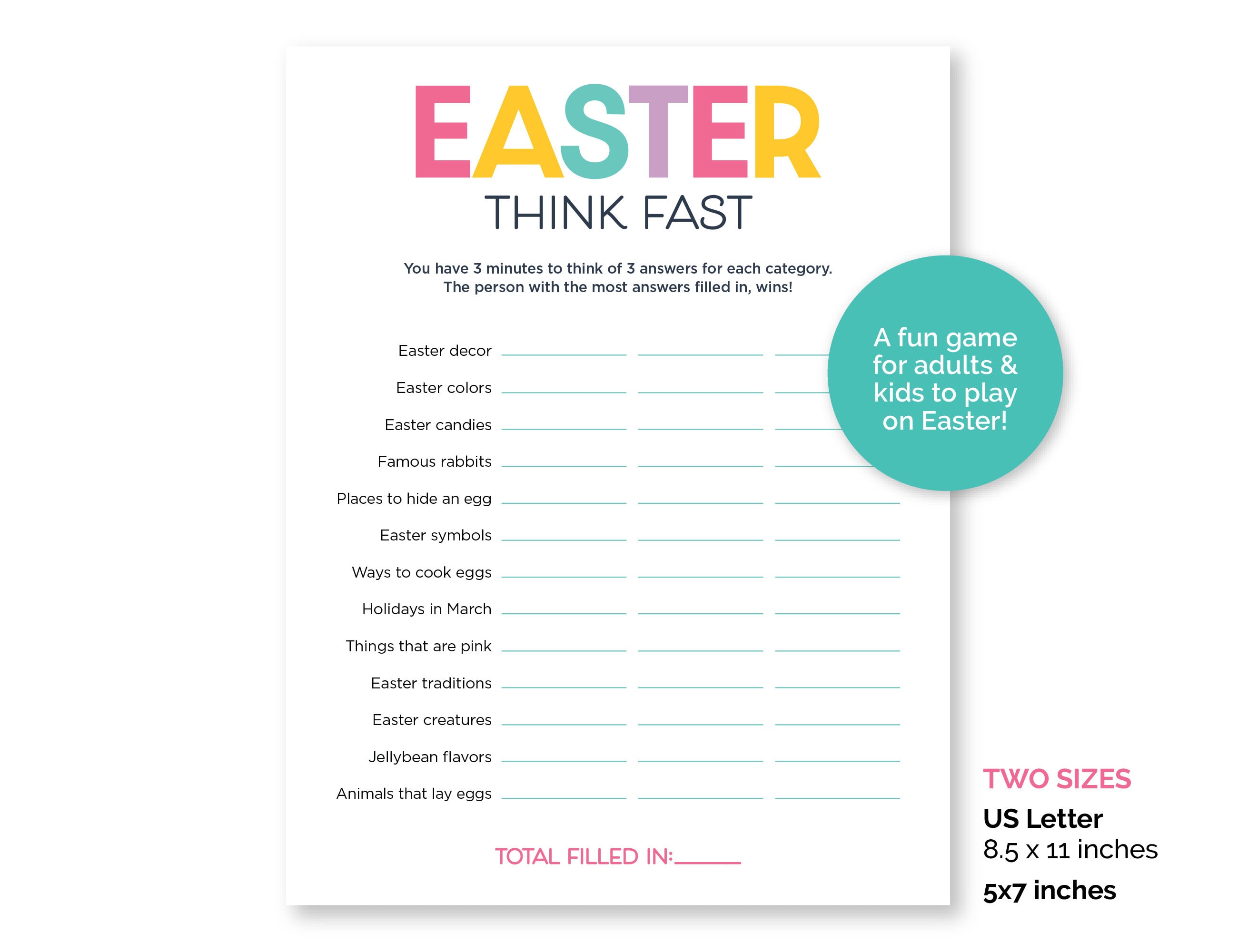 Easter Think Fast Game, Printable Quick Think Easter Party Game for ...
