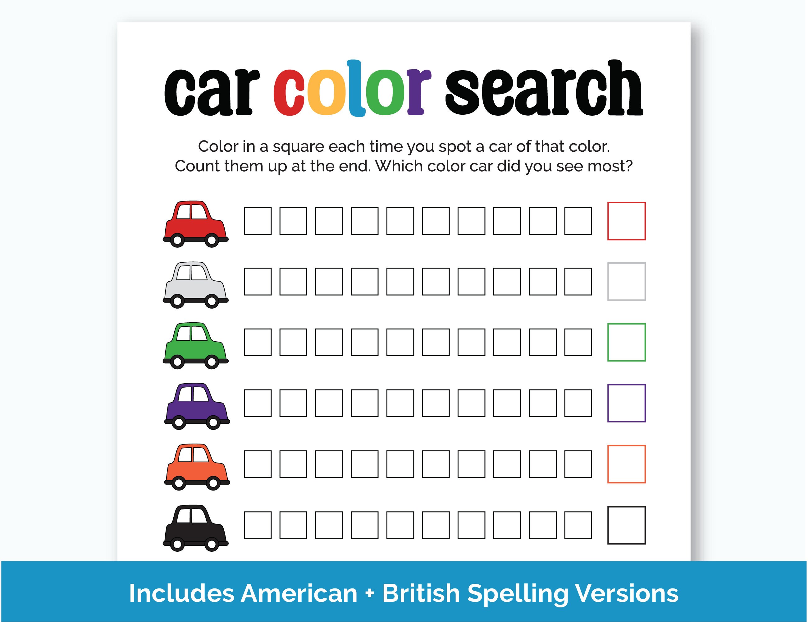 Counting Coloured Cars Printable, Road Trip Game for Kids, Car ...