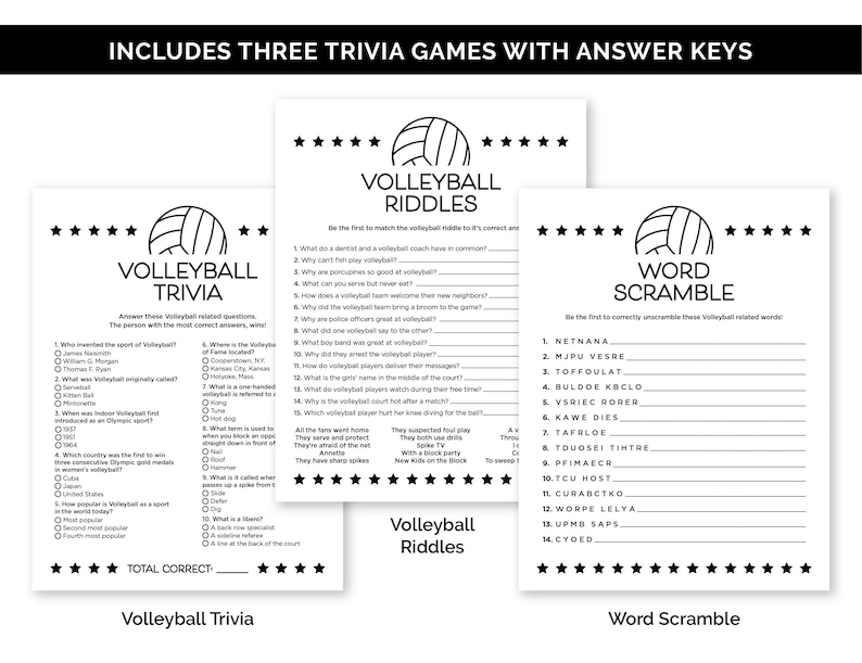 Volleyball Games, Printable Games Bundle for a Volleyball Team Party ...