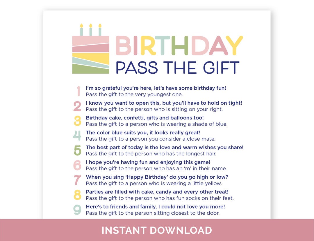 Birthday Pass the Gift Game, Printable Pass the Present Birthday Party ...
