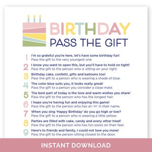 Birthday Pass the Gift Game, Printable Pass the Present Birthday Party ...