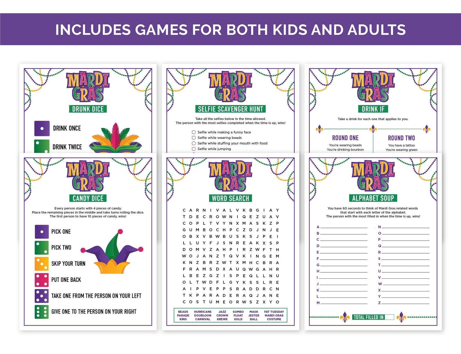 Mardi Gras Games Bundle, Carnival Games for a Mardi Gras Party, Mardi ...