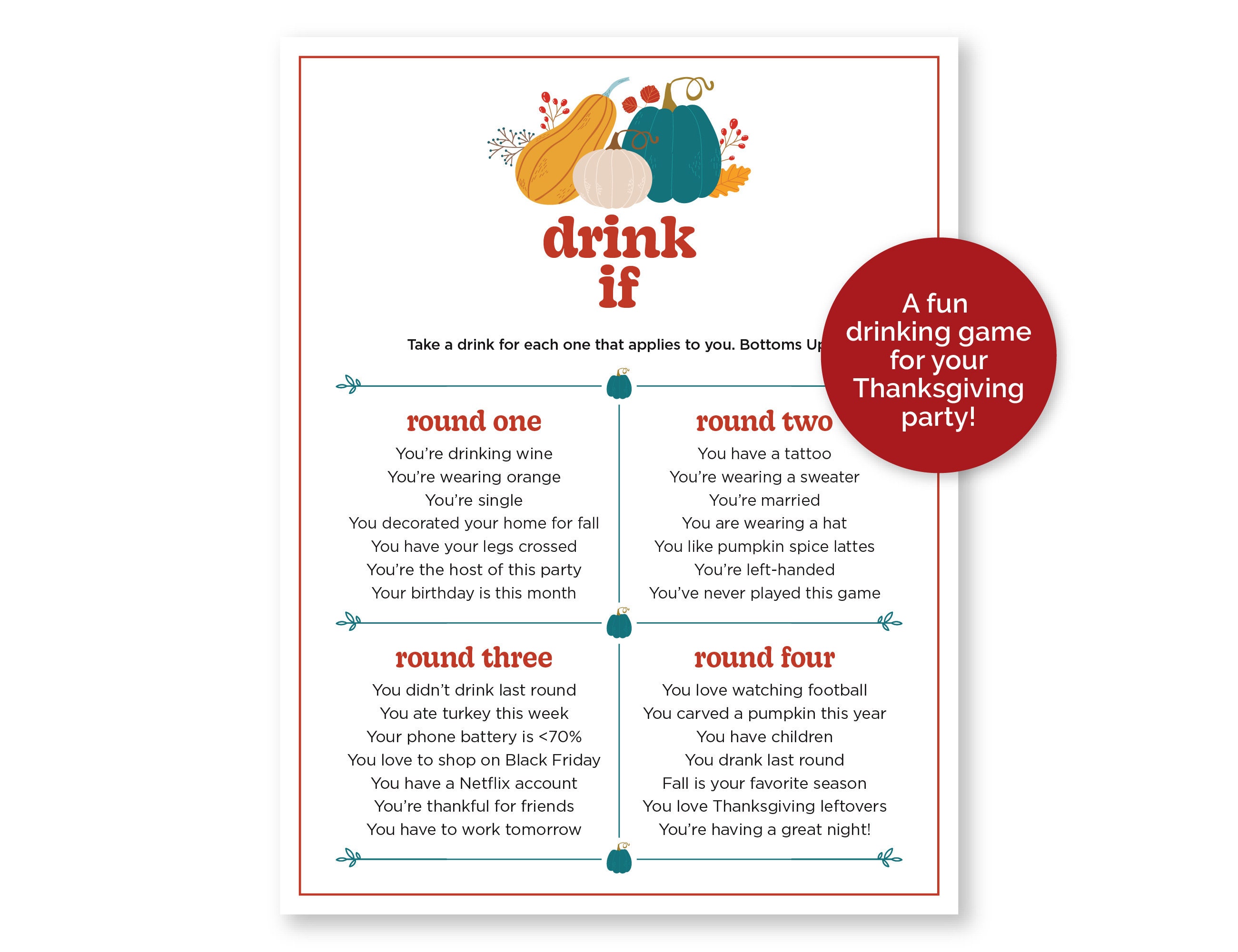 Thanksgiving Drink If Game, Printable Drinking Game for a Thanksgiving ...