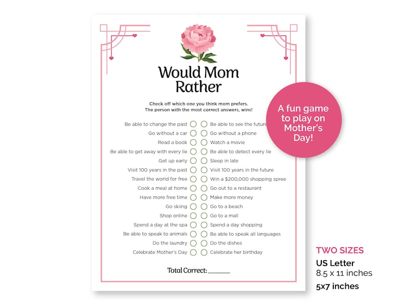 Mother's Day Would She Rather, Printable Would Mom Rather Game for ...