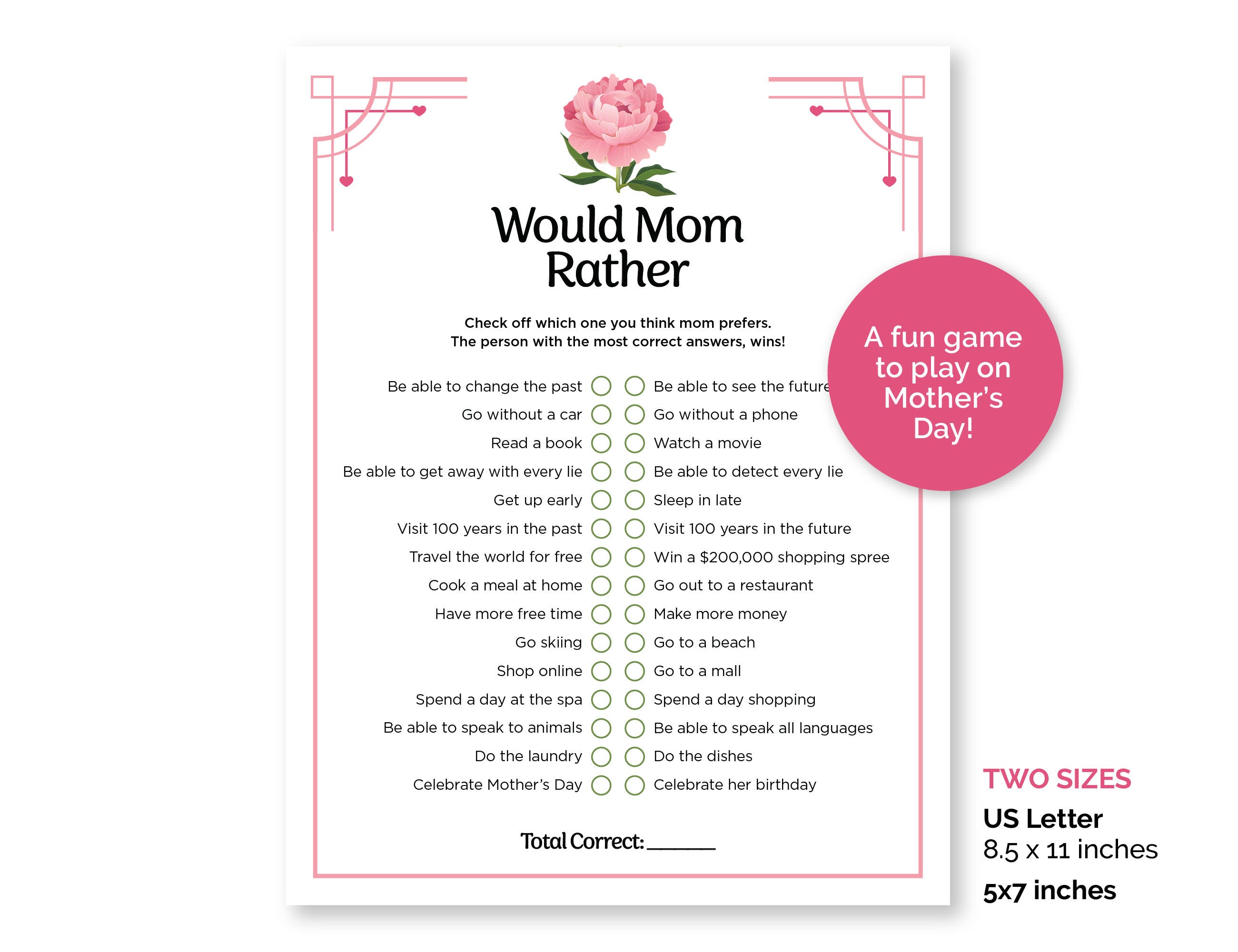 Mother's Day Would She Rather, Printable Would Mom Rather Game for ...