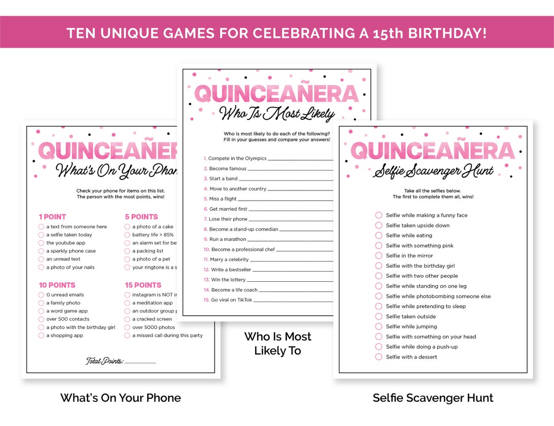 Quinceañera Games for Girls, Printable 15th Birthday Game Bundle, Pink ...