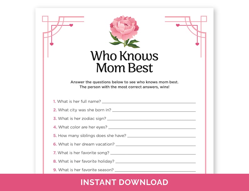 Who Knows Mom Best, Printable Mother's Day Trivia Game, How Well Do You ...