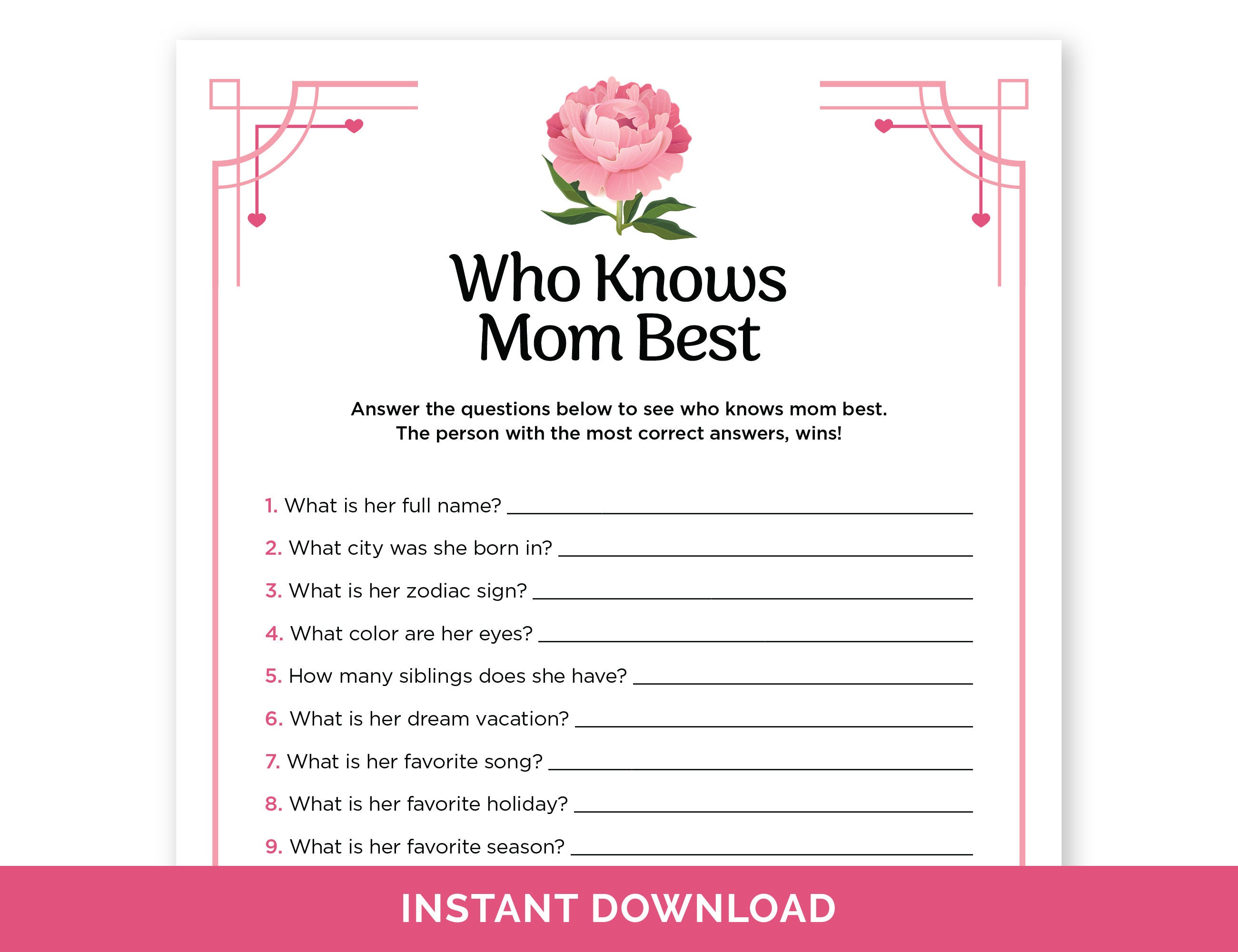 Who Knows Mom Best, Printable Mother's Day Trivia Game, How Well Do You ...