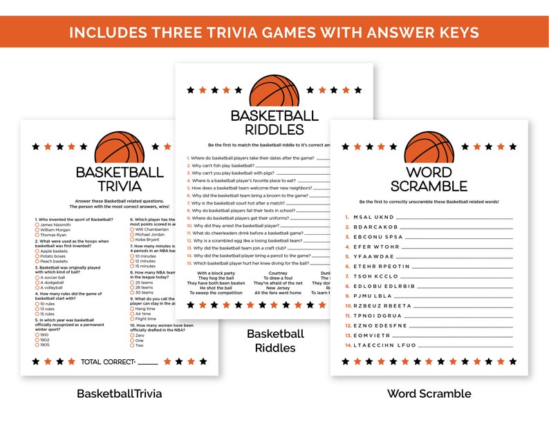 Basketball Games, Printable Games Bundle for a Basketball Team Party ...