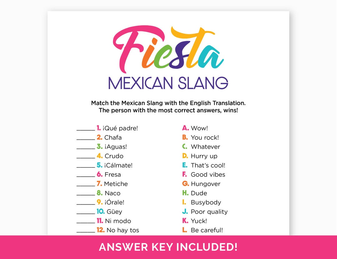 Fiesta Mexican Slang Game, Printable Trivia Game for a Fiesta Birthday ...