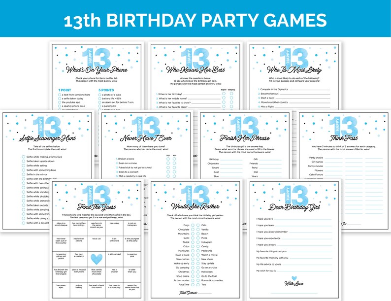 Blue 13th Birthday Party Games, Printable Thirteenth Birthday Games ...