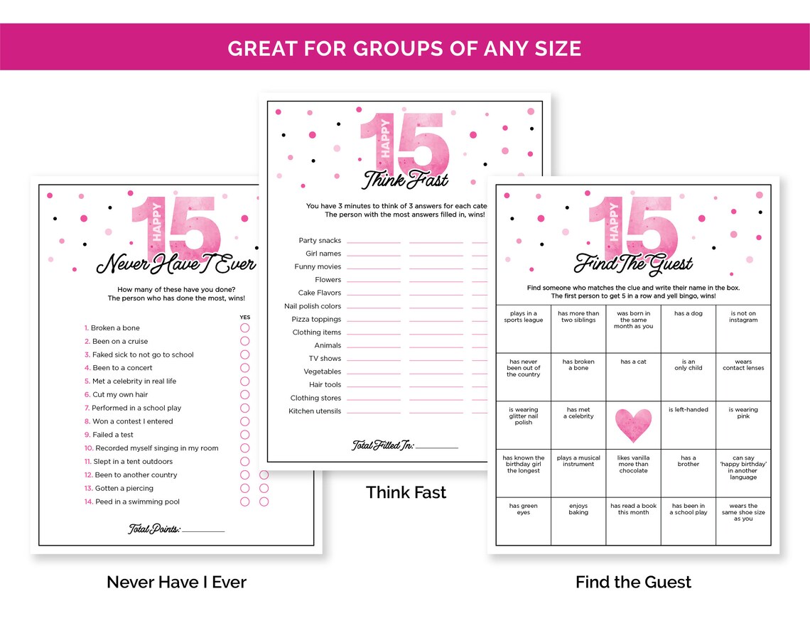 15th Birthday Party Games, Printable Game Bundle for a 15-year-old Girl ...