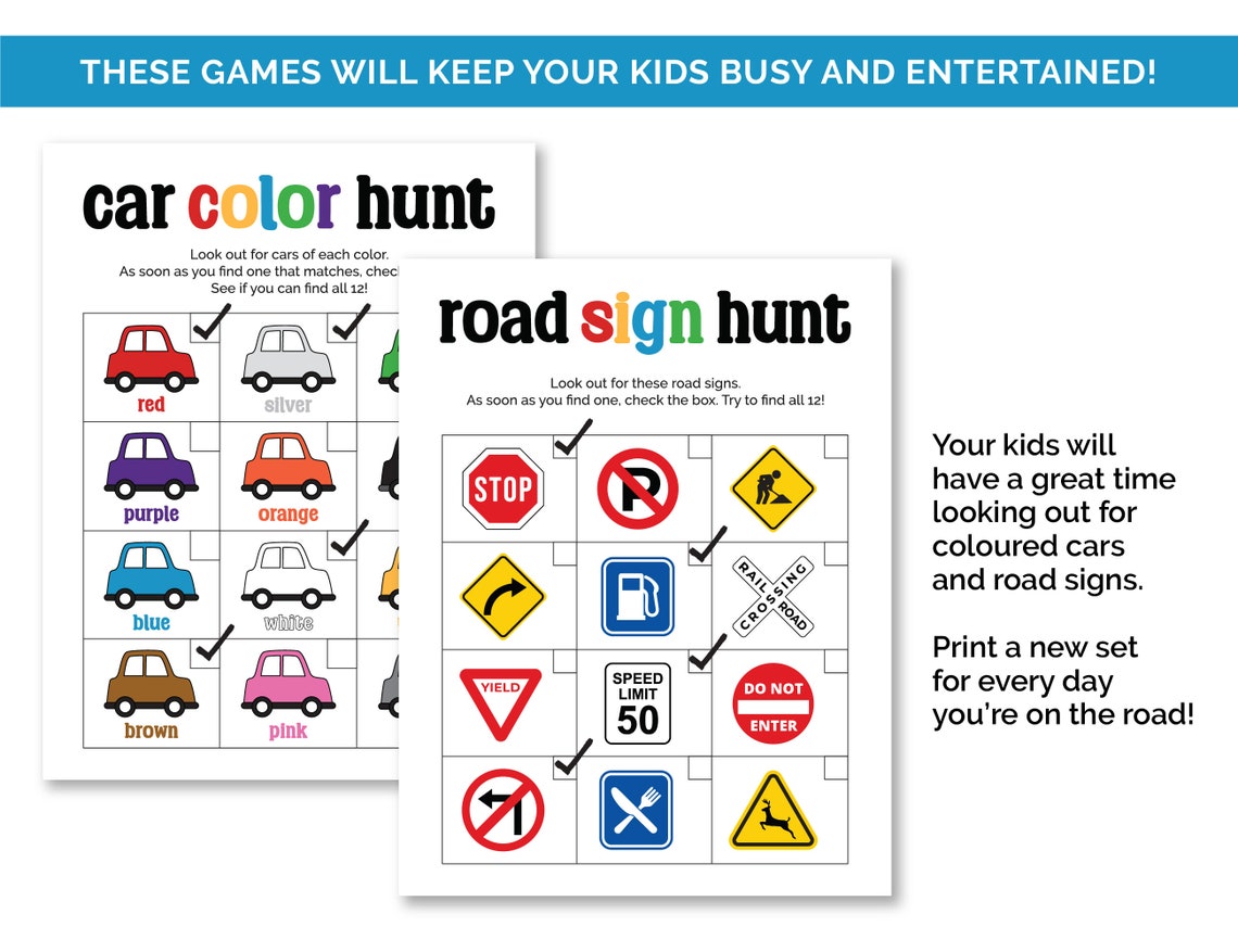 Road Trip Scavenger Hunts for Kids, Printable Road Signs Game, Coloured ...