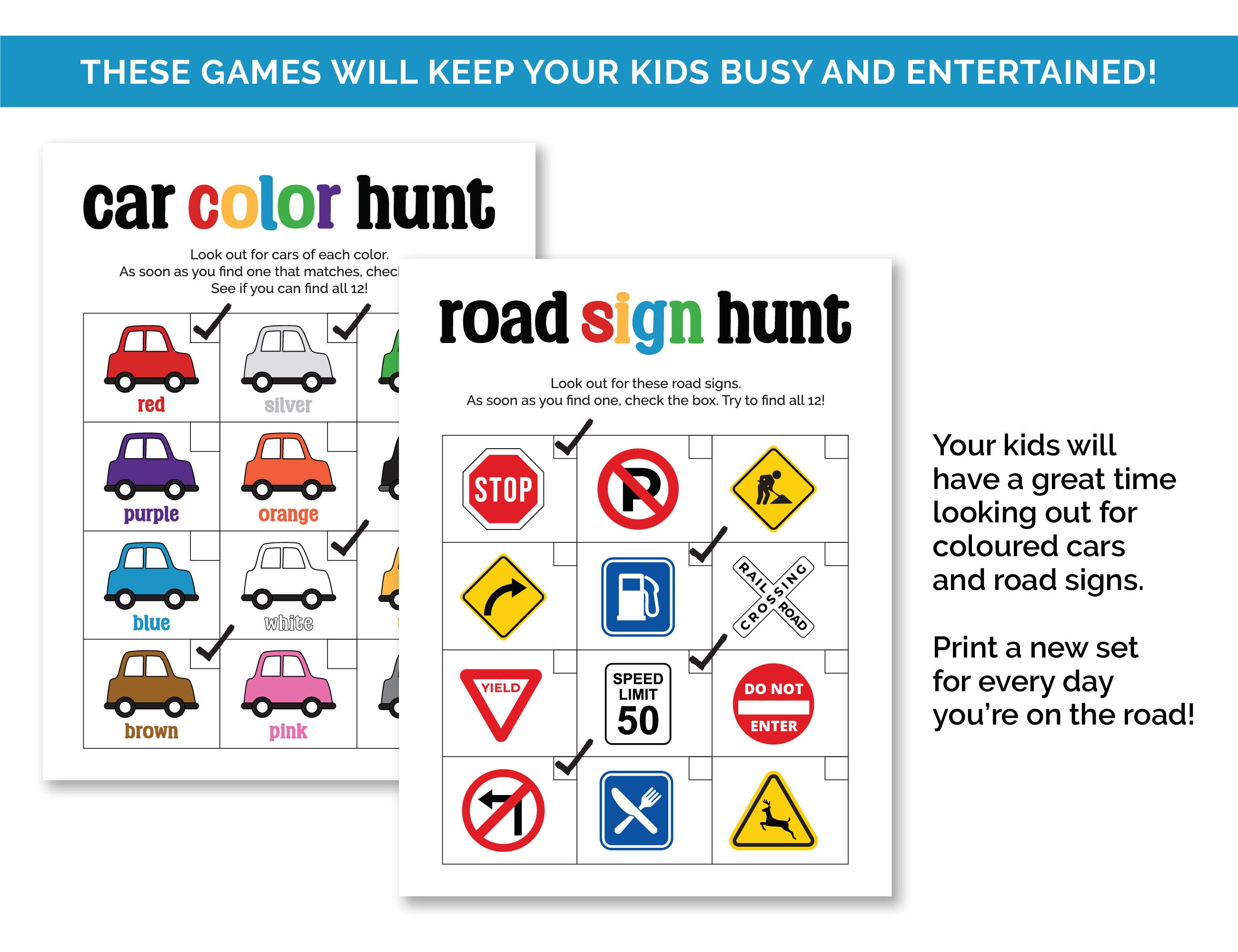 Road Trip Scavenger Hunts for Kids, Printable Road Signs Game, Coloured ...
