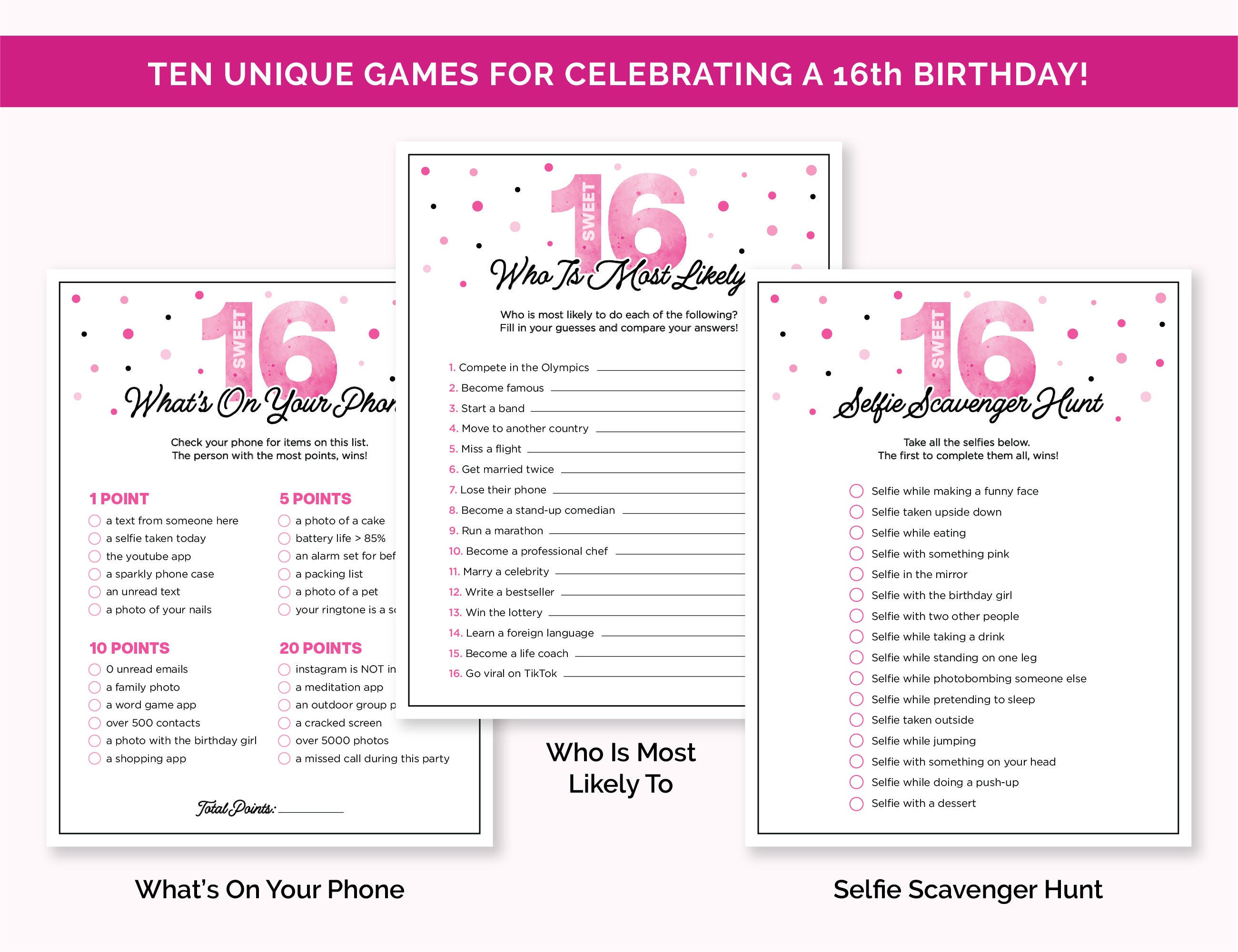 Sweet 16 Games for Girls, Printable Sweet Sixteen Birthday Game Bundle ...