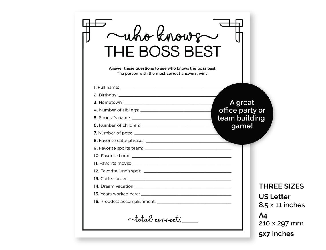 Who Knows the Boss Best, Printable Team-building Game, Boss Trivia Game ...