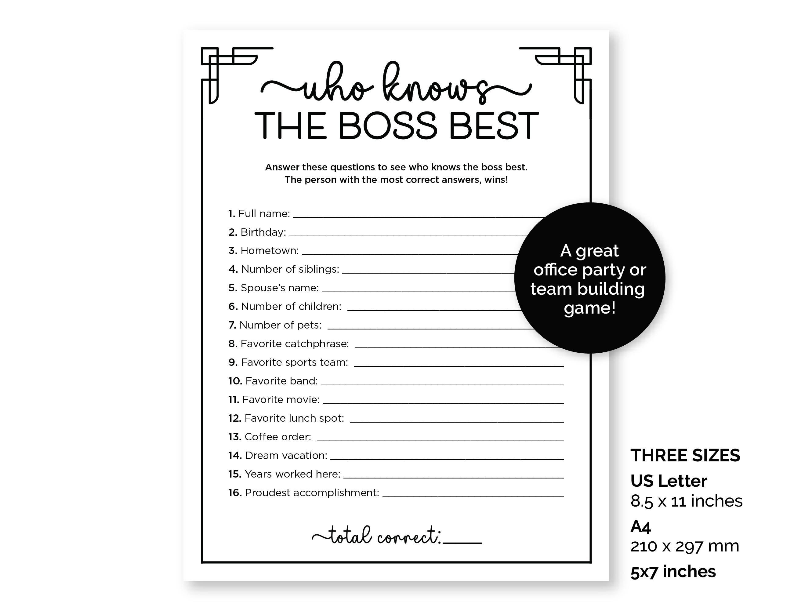 Who Knows the Boss Best, Printable Team-building Game, Boss Trivia Game ...
