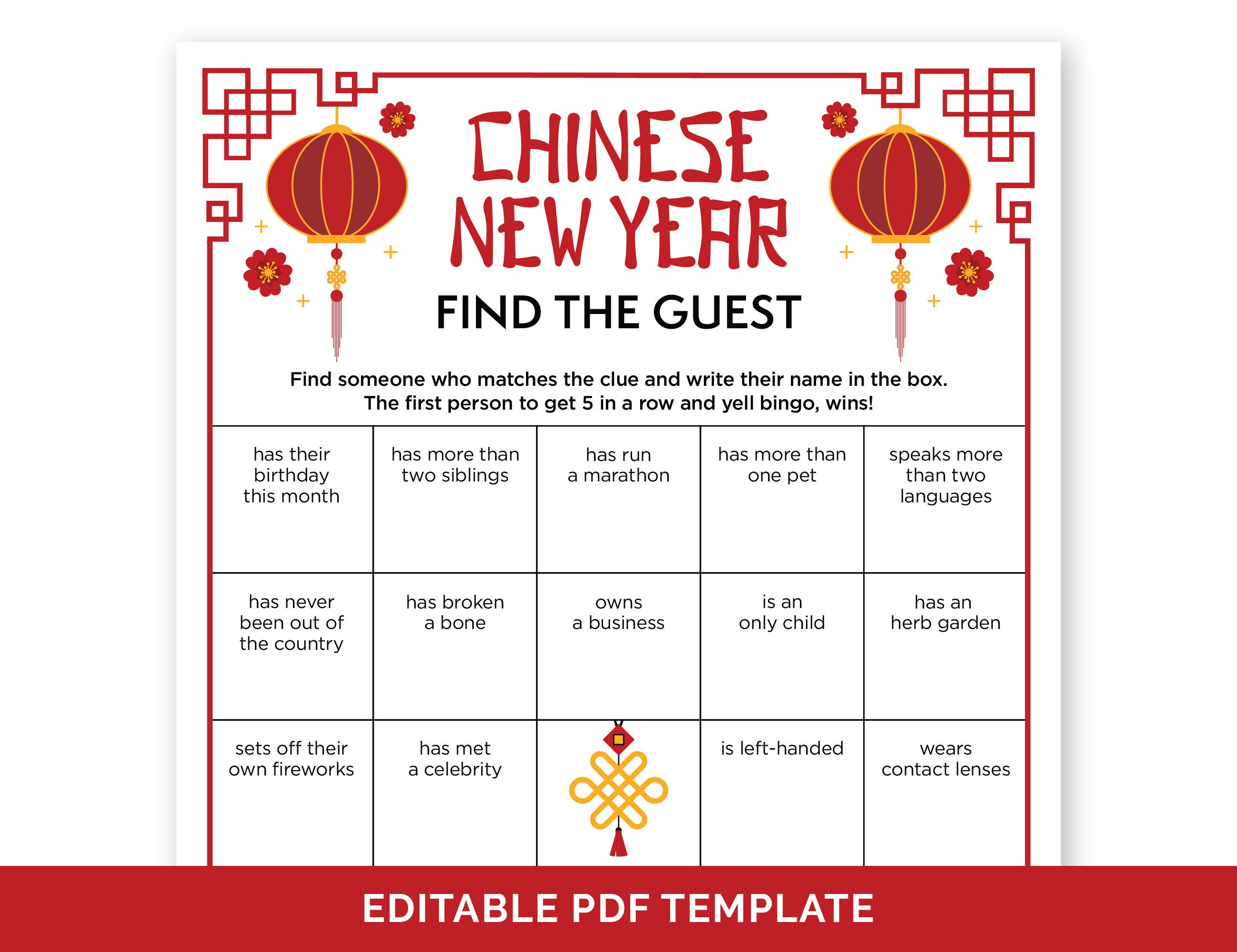 Editable Chinese New Year Find the Guest Bingo, Find Someone Who Human ...