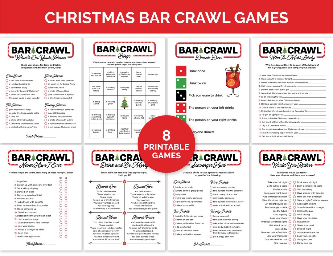 Christmas Bar Crawl Games, Printable Bar Hopping Games for a Holiday ...