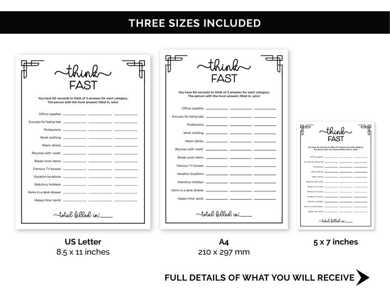 Office Think Fast Game, Printable Quick Think Game for an Office Party ...