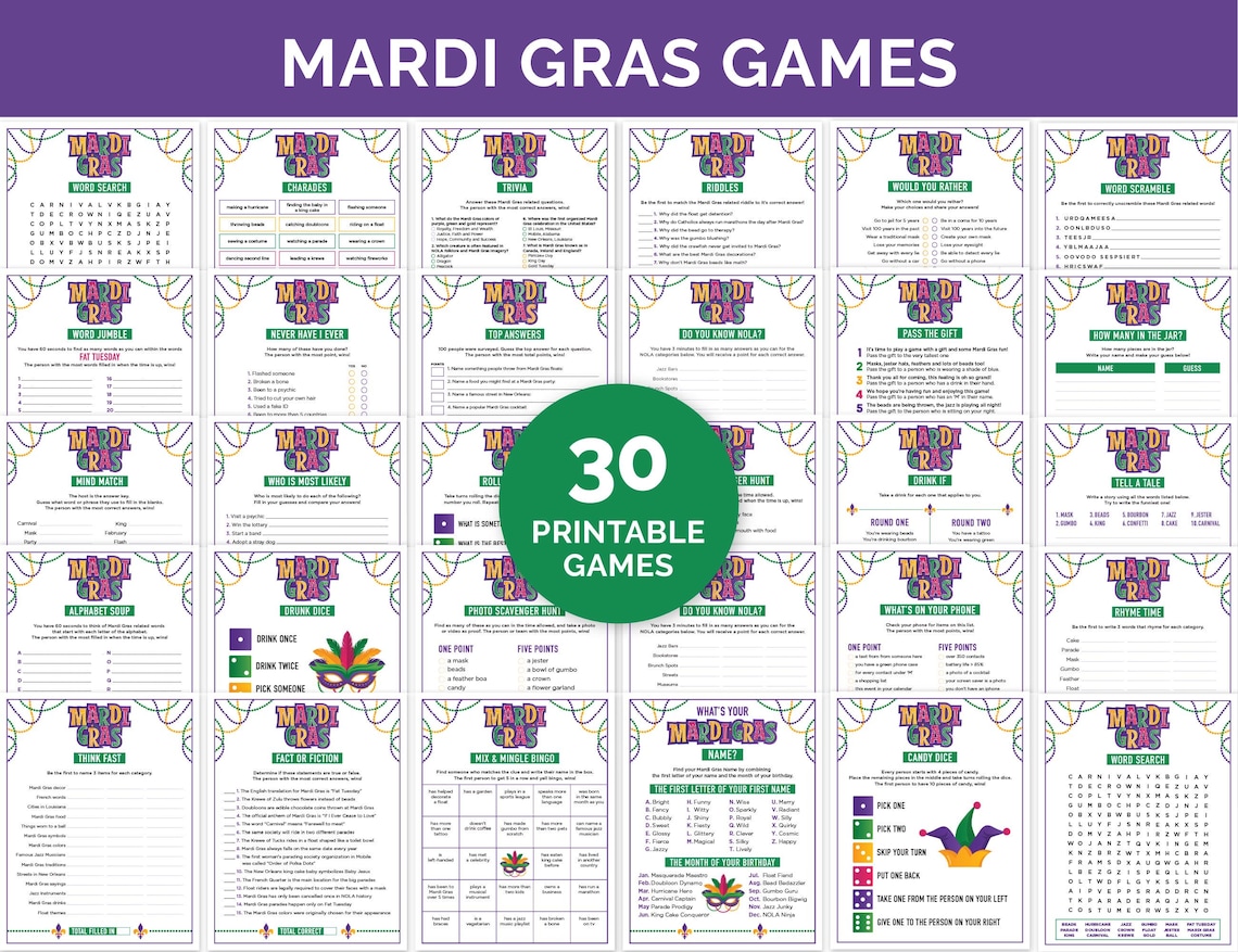 Mardi Gras Games Bundle, Carnival Games for a Mardi Gras Party, Mardi ...