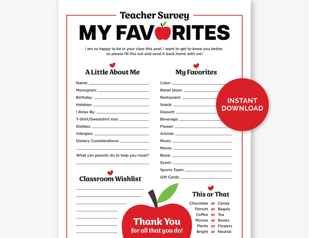 Teacher Favorites Survey, Printable Teacher's Favorite Things ...