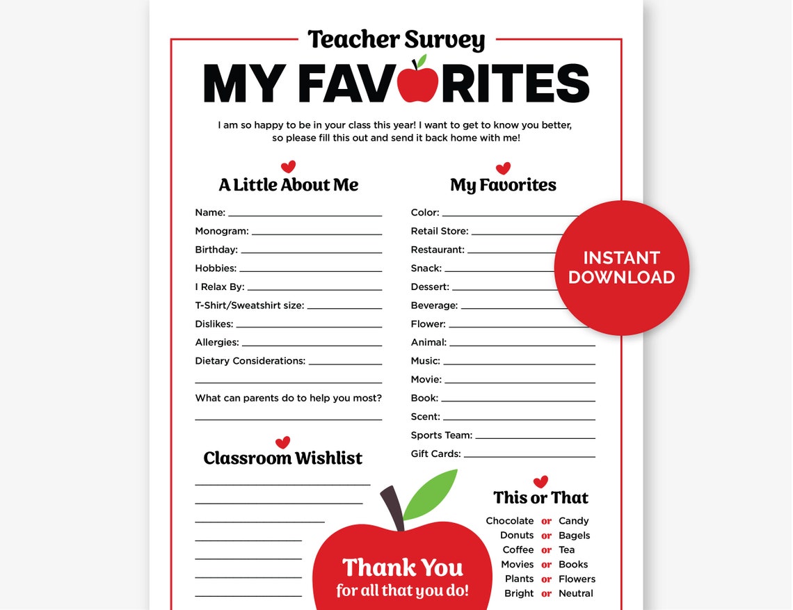 Teacher Favorites Survey, Printable Teacher's Favorite Things ...