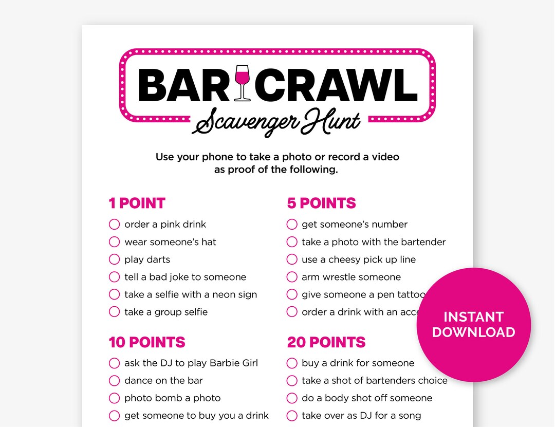 Bar Crawl Scavenger Hunt Printable Bar Hopping Game for a - Etsy Canada