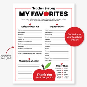 Teacher Favorites Survey, Printable Teacher's Favorite Things ...