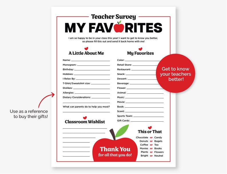 Teacher Favorites Survey, Printable Teacher's Favorite Things ...