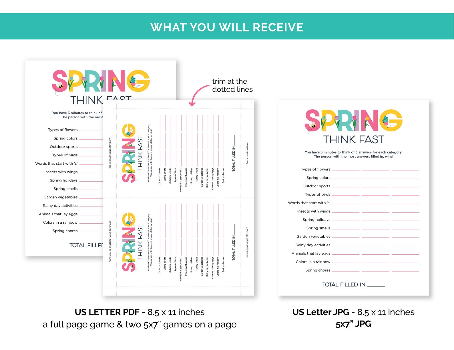 Spring Think Fast Game, Printable Quick Think Spring Party Game for ...