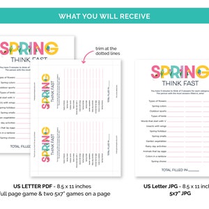 Spring Think Fast Game, Printable Quick Think Spring Party Game for ...
