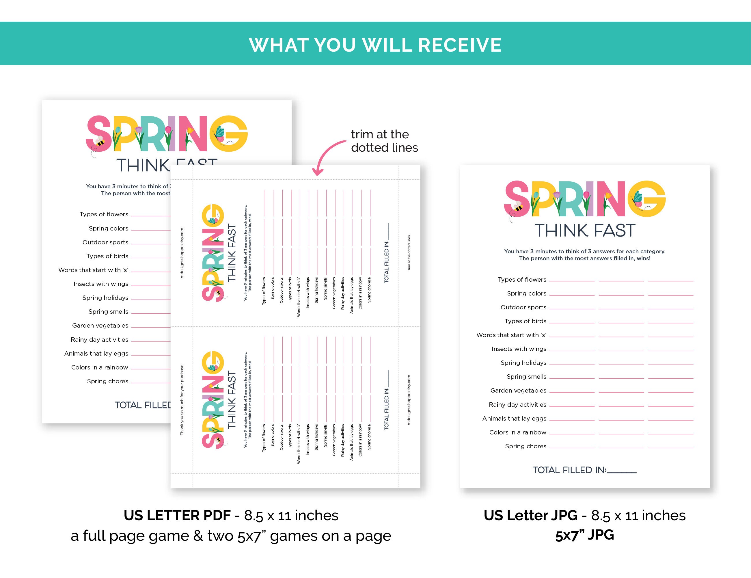 Spring Think Fast Game, Printable Quick Think Spring Party Game for ...
