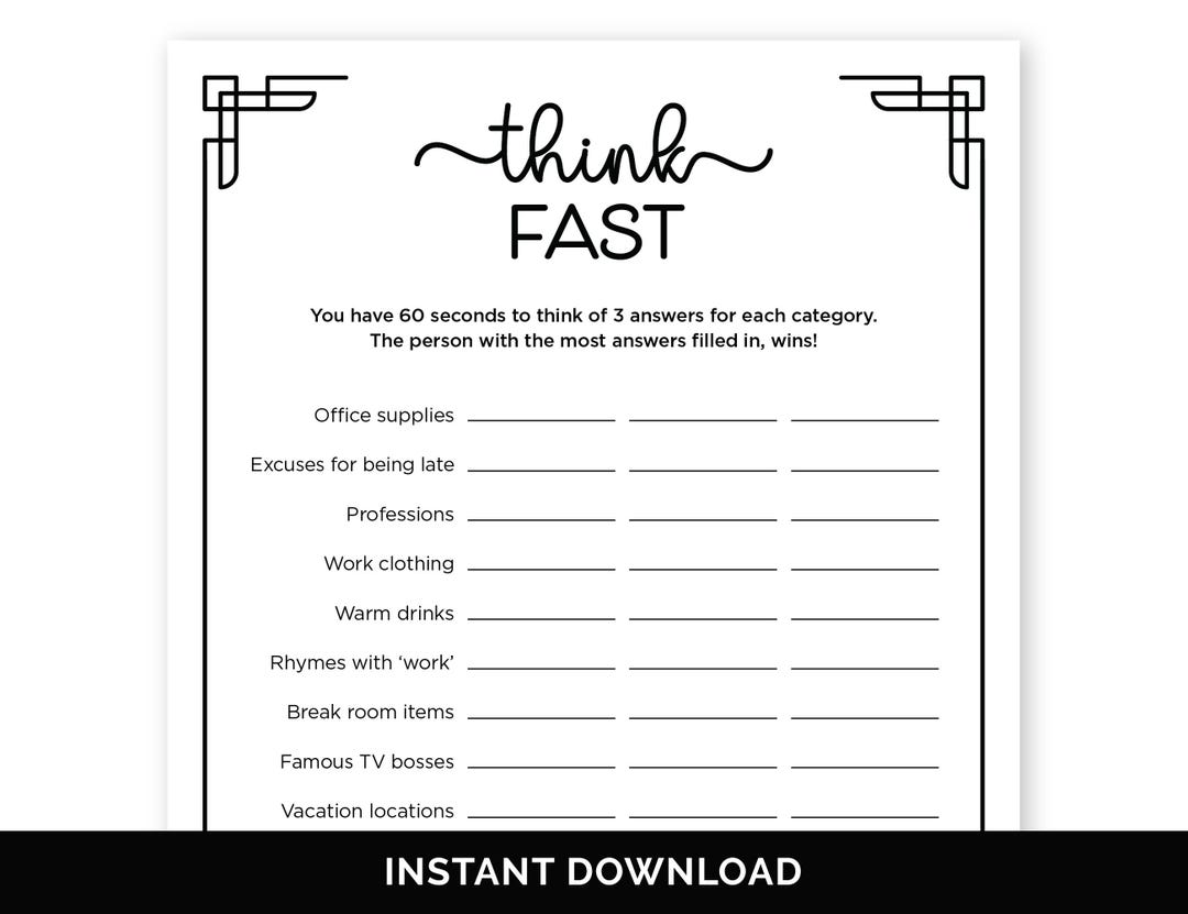 Office Think Fast Game, Printable Quick Think Game for an Office Party ...