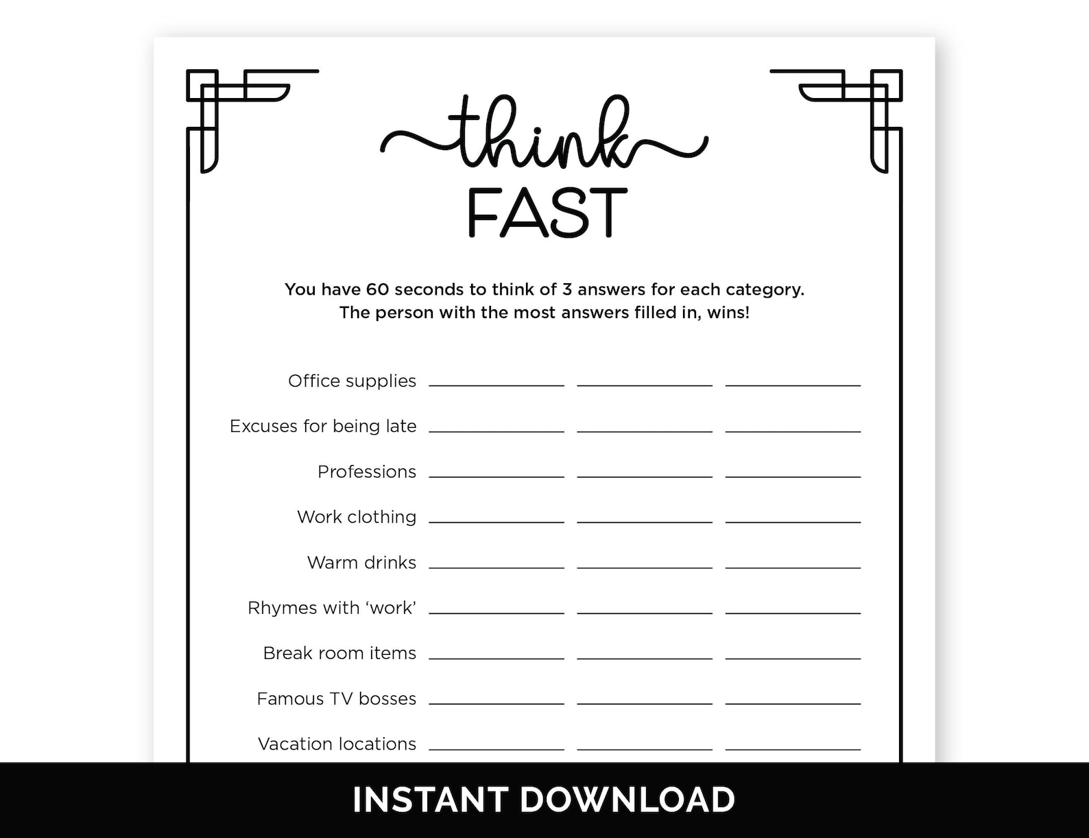 Office Think Fast Game, Printable Quick Think Game for an Office Party ...