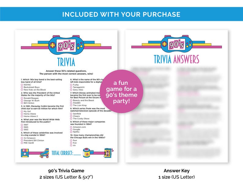 90s Trivia Game, Printable Quiz With Answers for an 1990s Theme Party ...