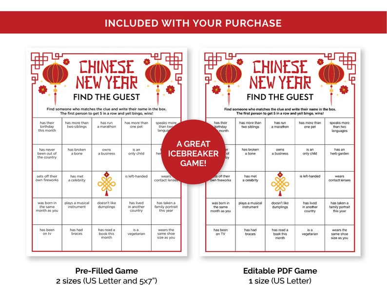 Editable Chinese New Year Find the Guest Bingo, Find Someone Who Human ...